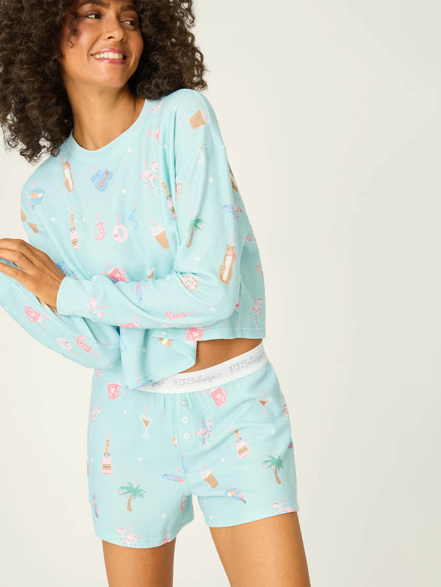 PJ SALVAGE | Boyfriend Boxer Ornament Print Shorts Set - Light Mint ...